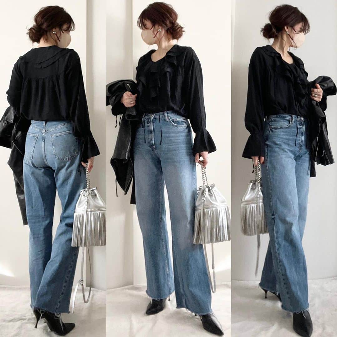 meiさんのインスタグラム写真 - (meiInstagram)「. フリルが可愛いブラウス♡ 甘めなトップスだからデニム合わせで👖 袖口のギャザーは調節できるので絞るとかわいい💕 ...
