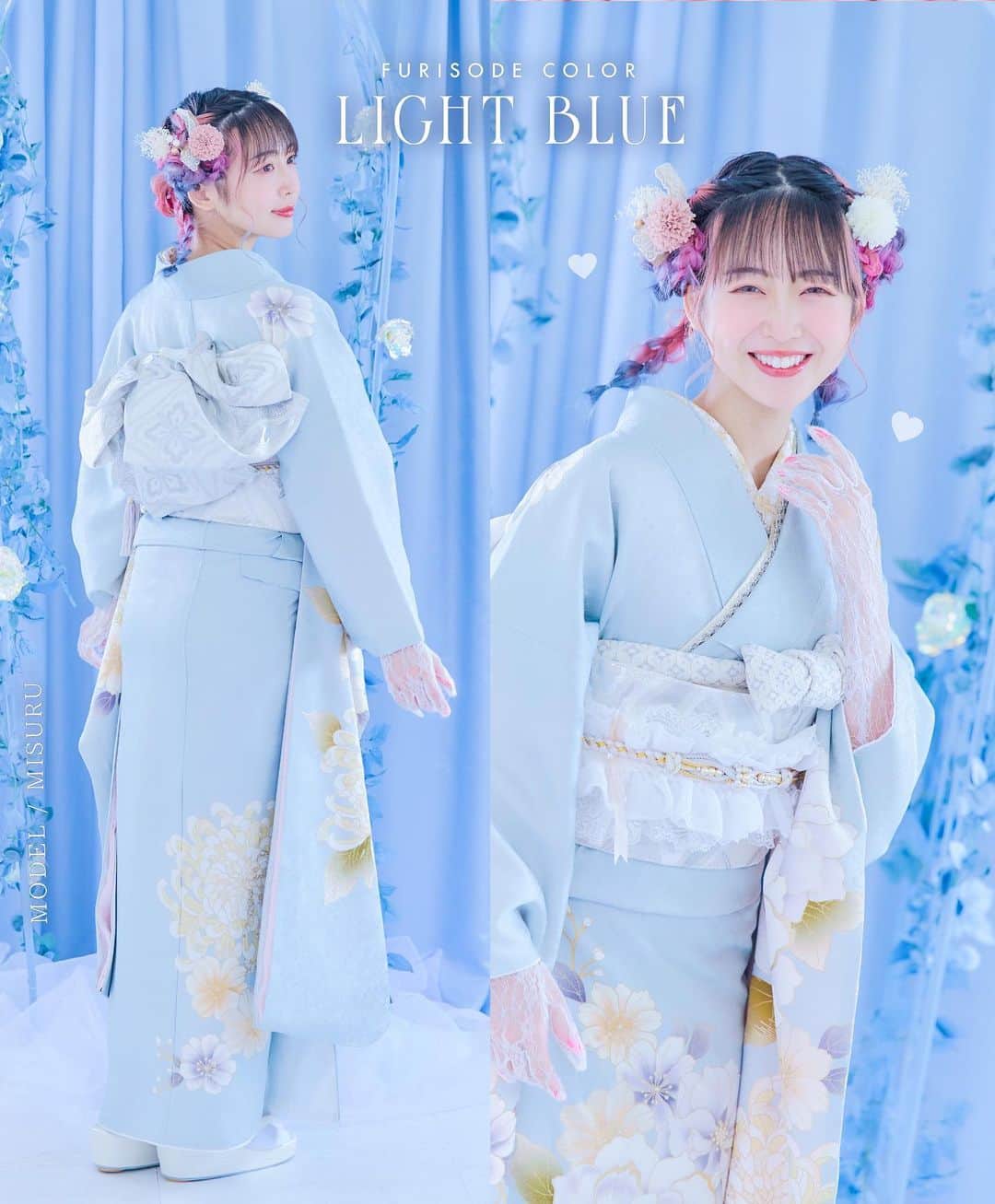 LARMEさんのインスタグラム写真 - (LARMEInstagram)「🎀🩰 𝐾𝐼𝑀𝑂𝑁𝑂 𝐿𝐴𝑅𝑀𝐸 𓊆 振袖と相性抜群🩵フラワーお団子ヘア 𓊇 🤍撮影＆2024年以降の 成人式の振袖 ...