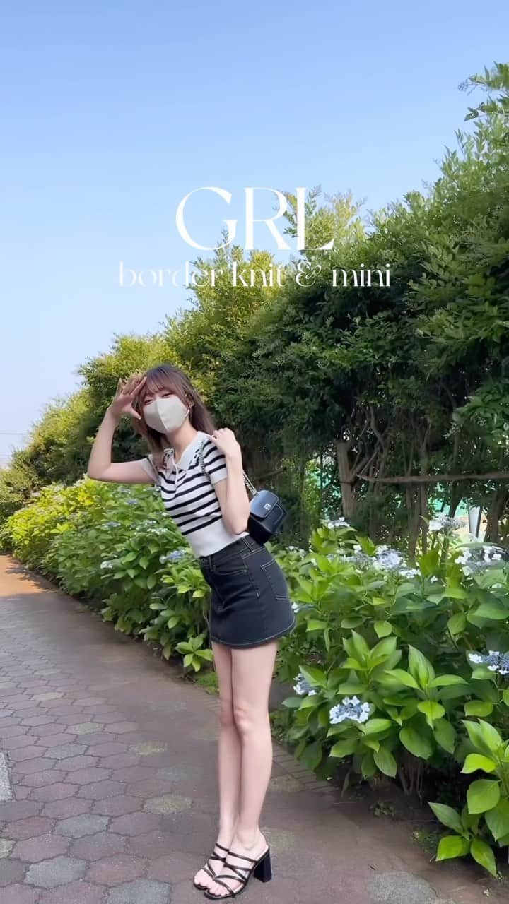 Ayanaさんのインスタグラム動画 Ayanainstagram「🐱全身grlプチプラコーデ🐱 ⁡ 襟付きボーダーのショートニットとミニスカ♡ サマーニットだから涼しく着れておすすめ