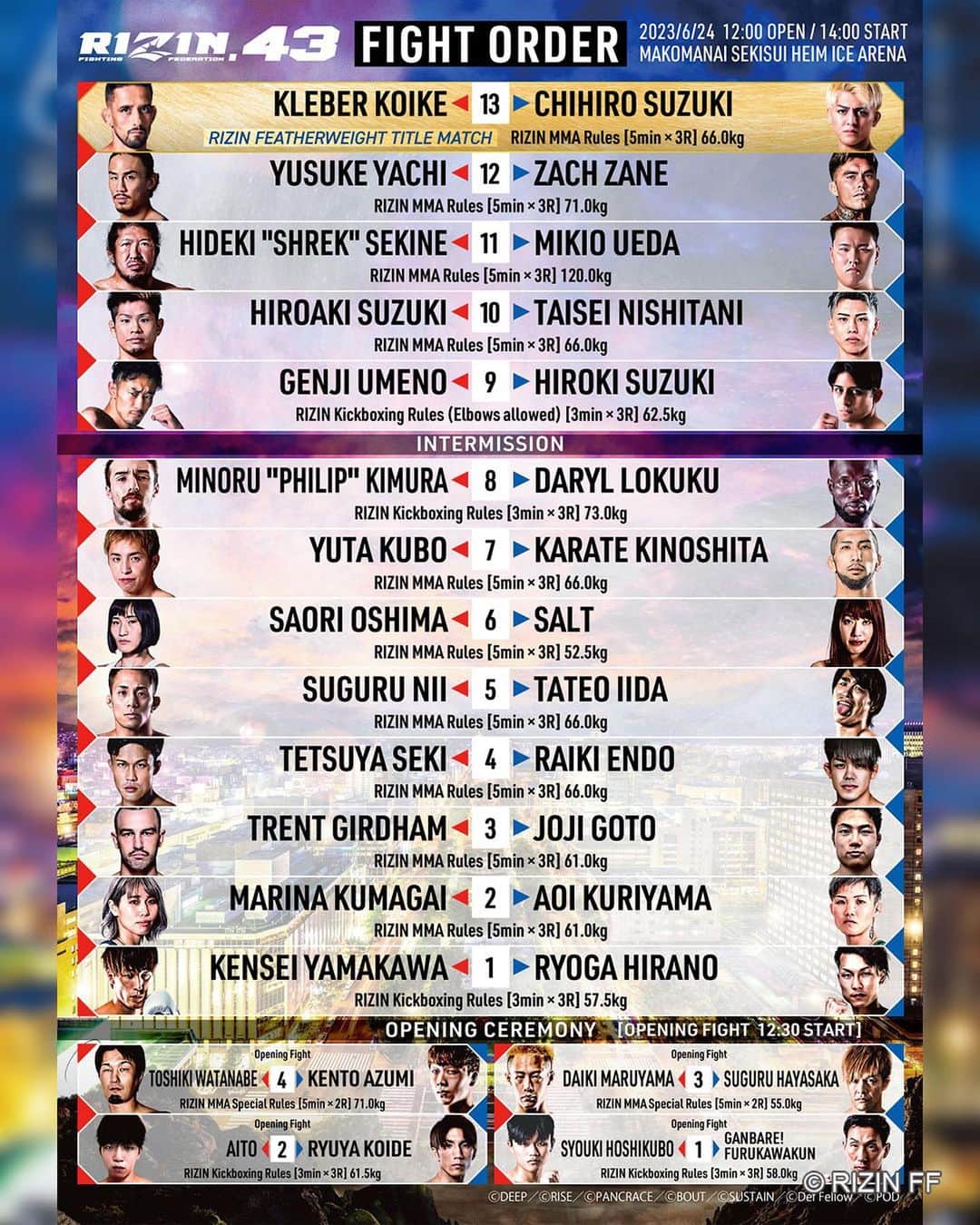 榊原信行さんのインスタグラム写真 - (榊原信行Instagram)「RIZIN.43北海道大会まで、あと2週間を切りました！ 王者・クレベルと挑戦者・鈴木千裕、両雄によるフェザー級タイトル ...