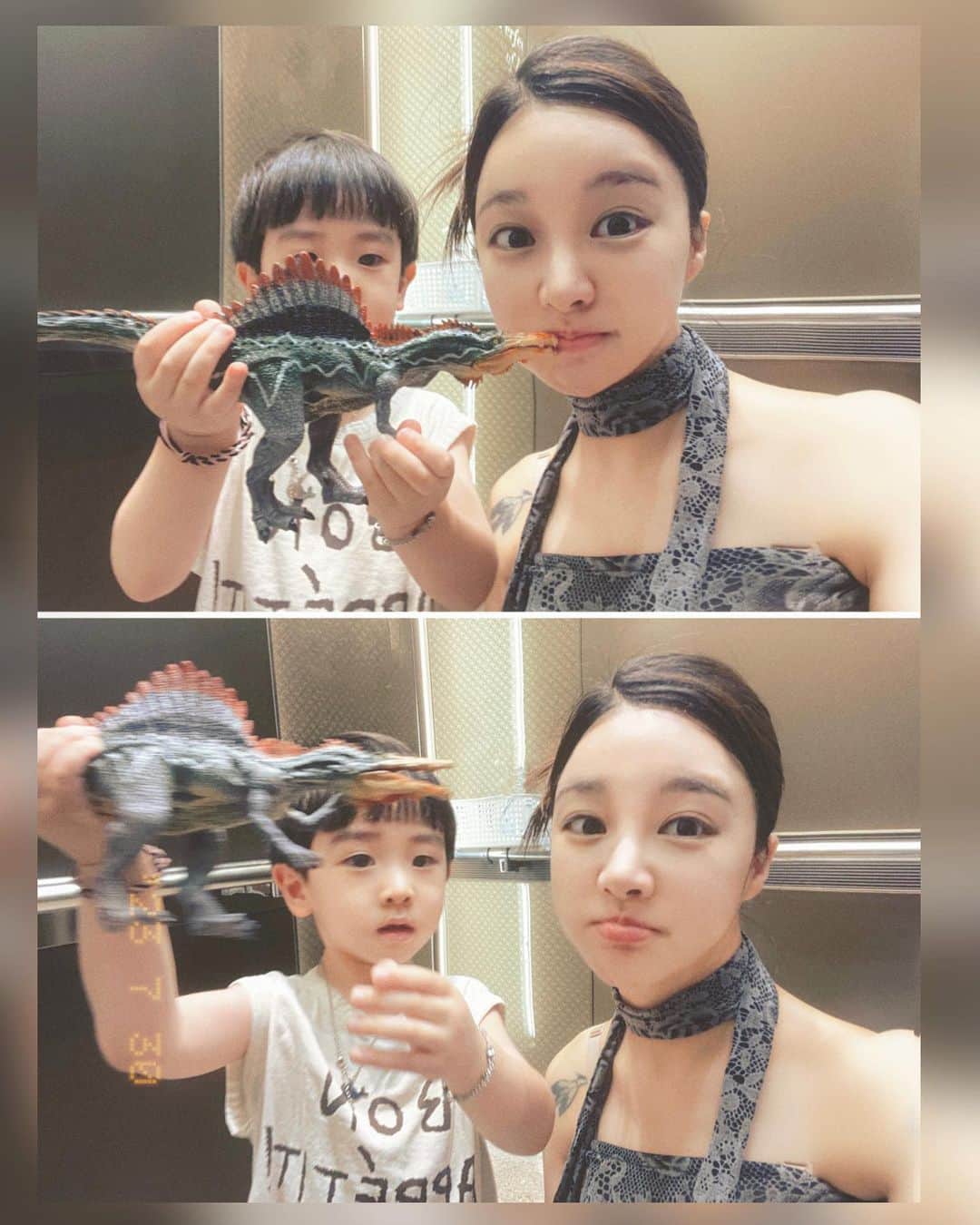 チョ・ミニョンさんのインスタグラム写真 チョ・ミニョンinstagram 「이제 뽀뽀 외치면 공룡하고 시켜주네요 이것이 초코렛