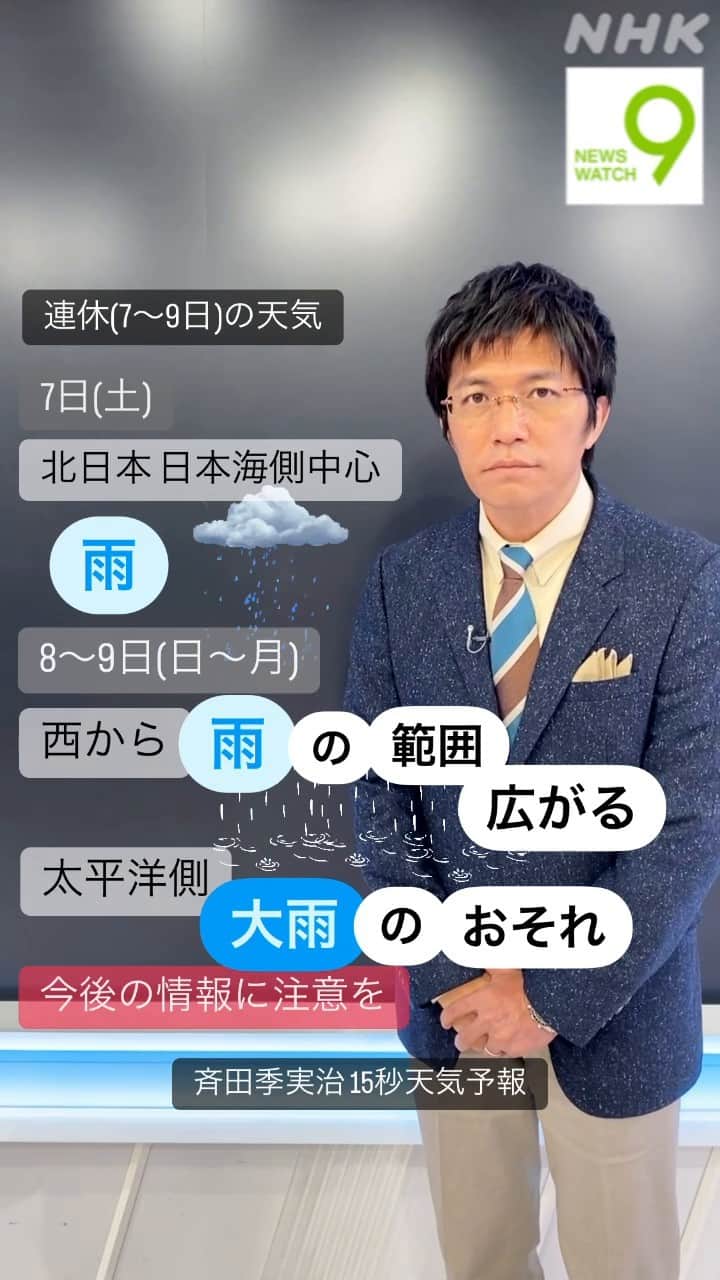 NHK「ニュースウオッチ9」さんのインスタグラム動画 - (NHK「ニュースウオッチ9」Instagram)「あす土曜日(7日)は 北日本の日本海側を中心に雨が降るでしょう🌧️ 日曜日から月曜 ...