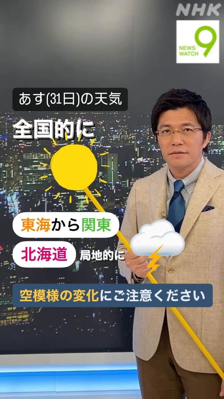 NHK「ニュースウオッチ9」さんのインスタグラム動画 - (NHK「ニュースウオッチ9」Instagram)「あす(31日)は全国的に晴れるところが多くなりそうです ☀️ ただ東海から関東と ...